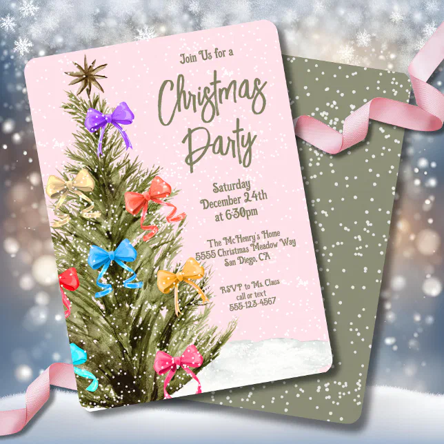 Modern Bow Boho Christmas Tree Party Invitation | Zazzle
