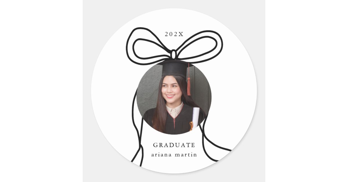 Modern Bow Photo Graduation Classic Round Sticker | Zazzle