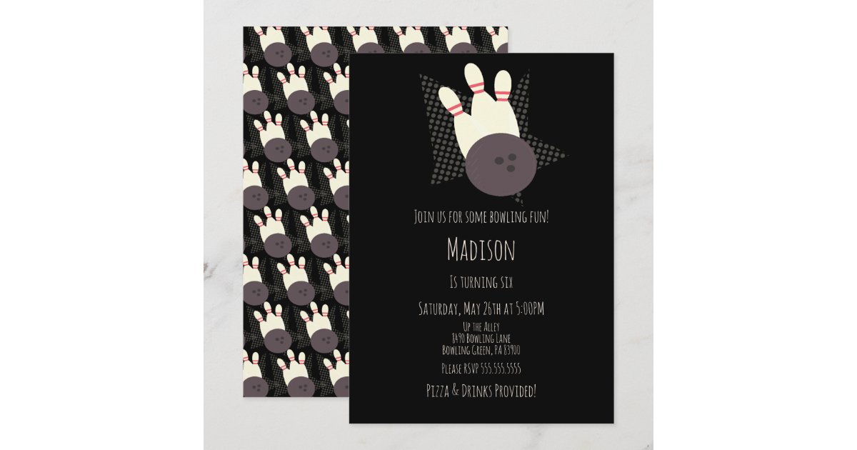 Modern Bowling Alley Birthday Party Black Invitation | Zazzle