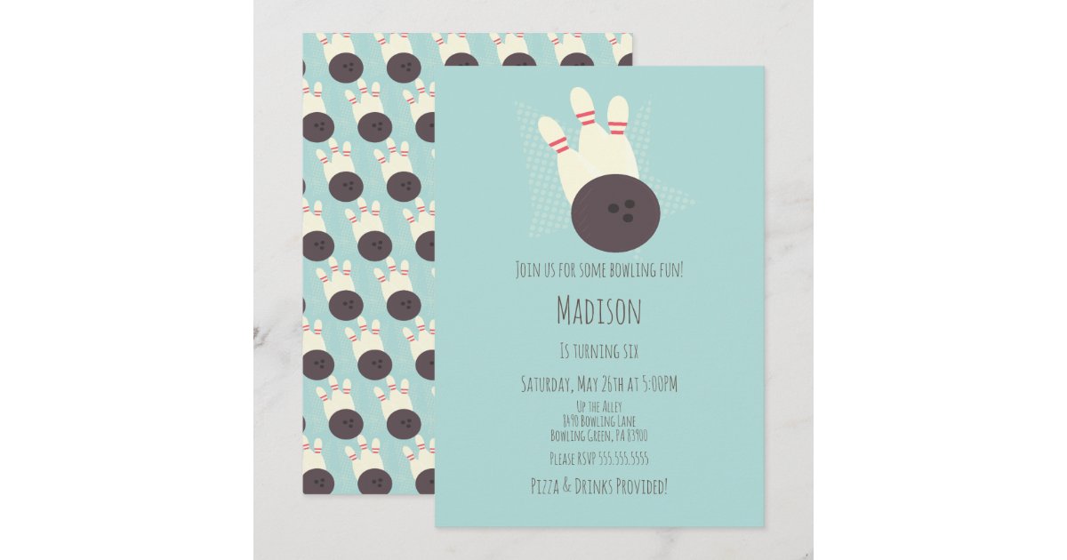 Modern Bowling Alley Birthday Party Teal Invitation | Zazzle