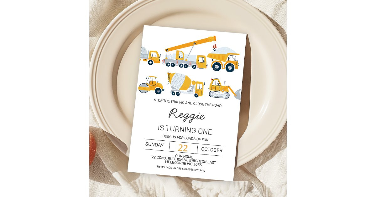 Modern Boys Construction Vehicles Birthday Invitation | Zazzle