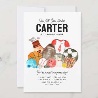 Modern Boys Sports Balls All Star Kids Birthday Invitation | Zazzle