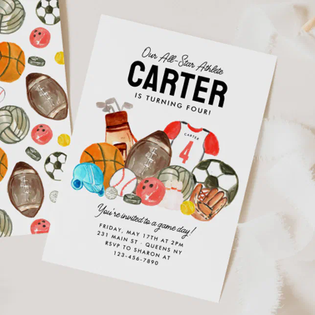 Modern Boys Sports Balls All Star Kids Birthday Invitation | Zazzle
