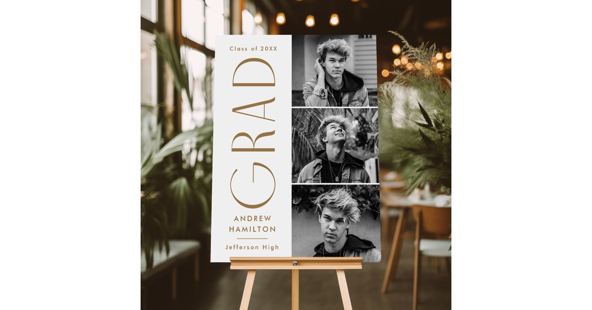 Modern Brass Grad 3 Photo Graduation Party Sign | Zazzle