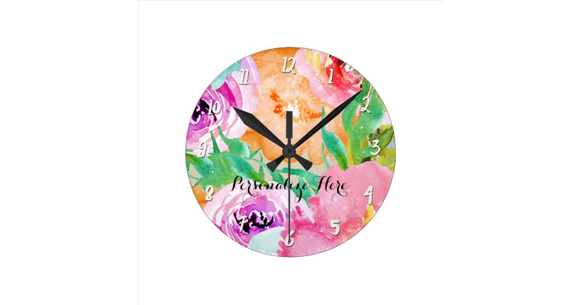 Modern Bright Colorful Spring Floral Watercolor Round Clock | Zazzle