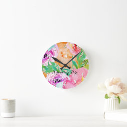 Modern Bright Colorful Spring Floral Watercolor Round Clock | Zazzle