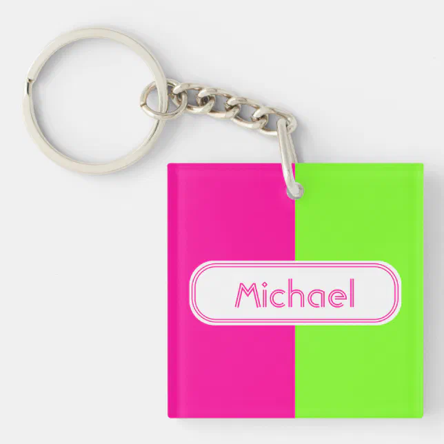 Modern Bright Neon Pink Green Monogram Keychain | Zazzle