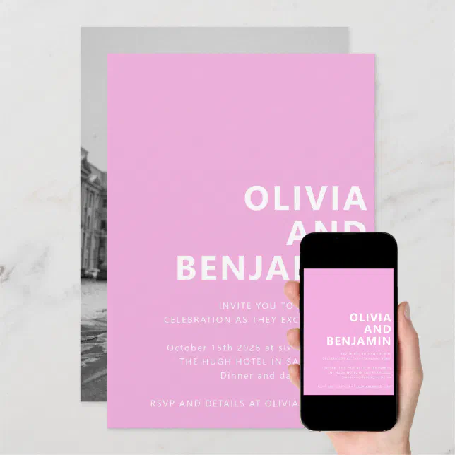 Modern Bright Pink Bold Typography Photo Wedding Invitation | Zazzle
