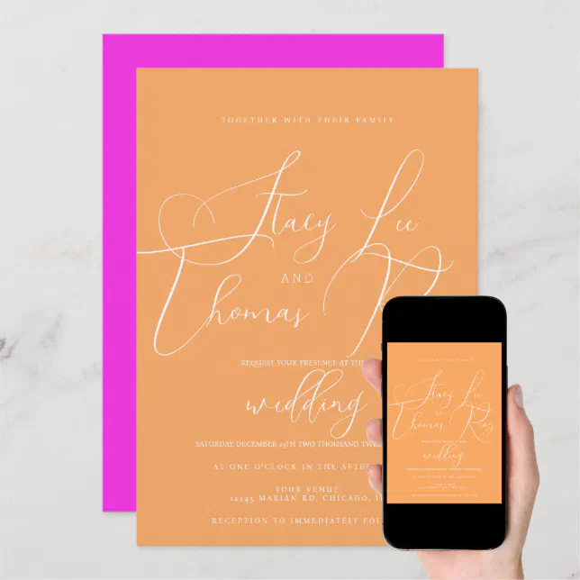 Modern Bright Pretty Script Orange Pink Wedding Invitation | Zazzle