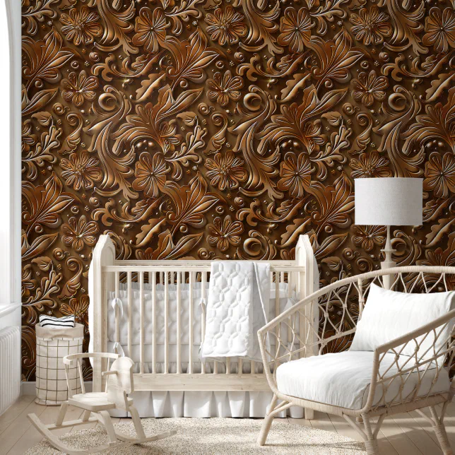Modern Brown Cowboy Western Carving Floral Pattern Wallpaper | Zazzle