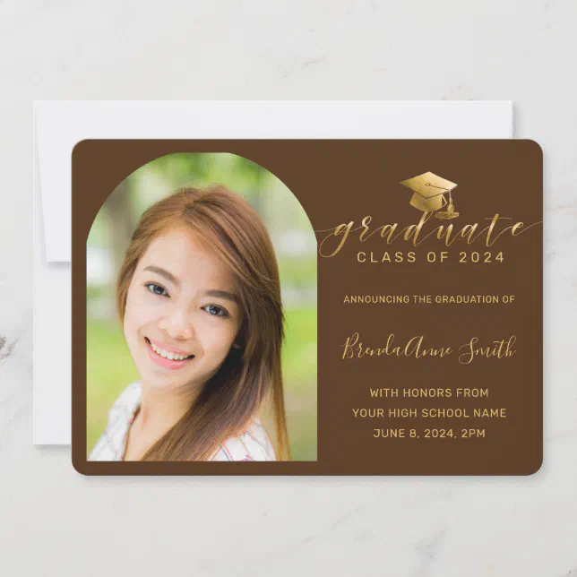 Modern Brown Gold Cap Script Arch Photo Graduation Announcement | Zazzle