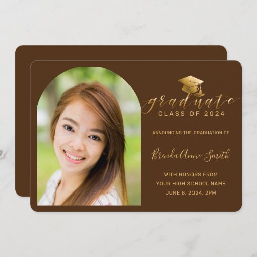 Modern Brown Gold Cap Script Arch Photo Graduation Announcement | Zazzle