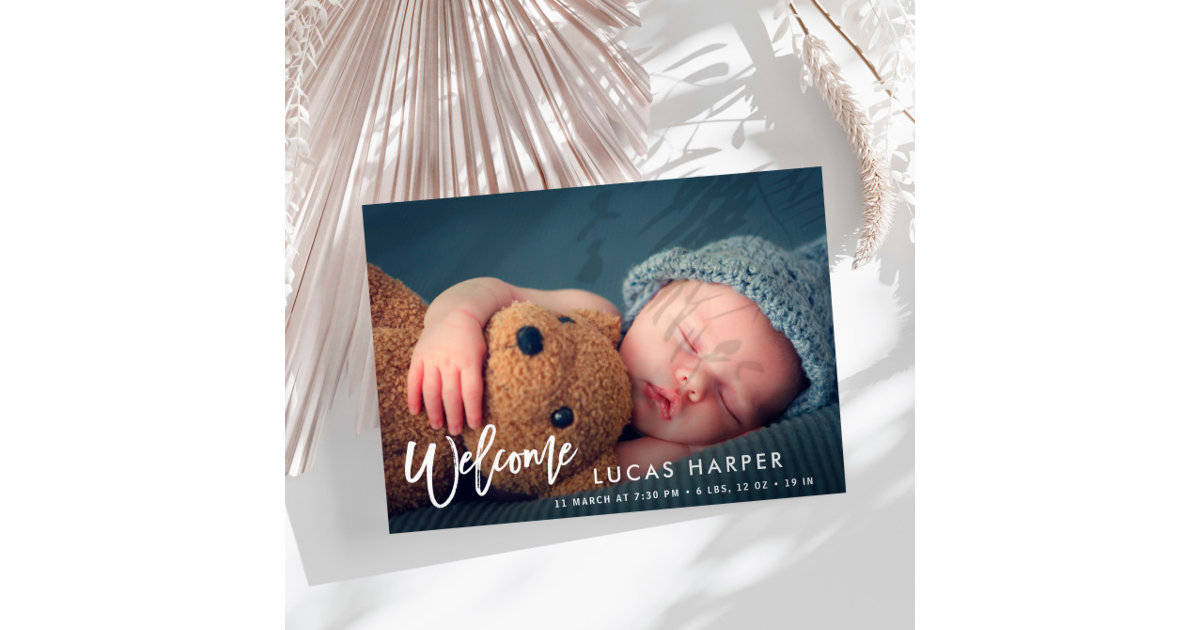 Modern Brush lettering baby birth announcement Postcard | Zazzle