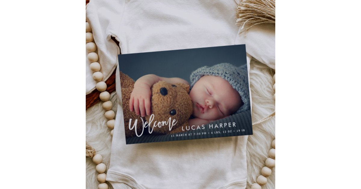 Modern Brush lettering baby birth announcement Postcard | Zazzle