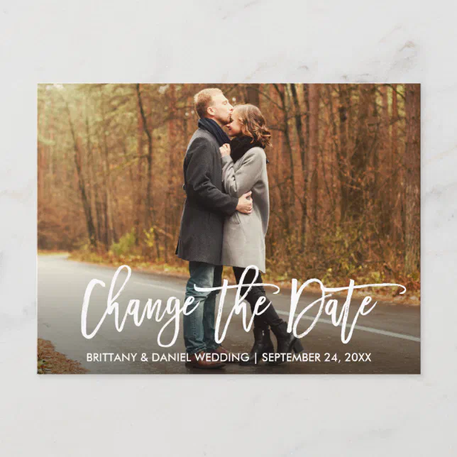 Modern Brush Script Change The Date New Date Postcard | Zazzle