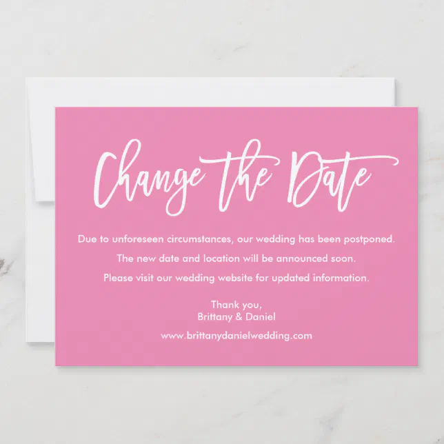 Modern Brush Script Change The Date Pink Card | Zazzle