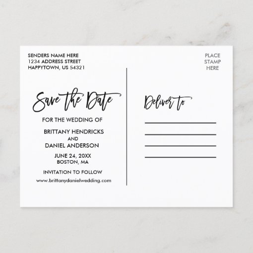 Modern Brush Script Couple 4 Photo Save Our Date Postcard | Zazzle