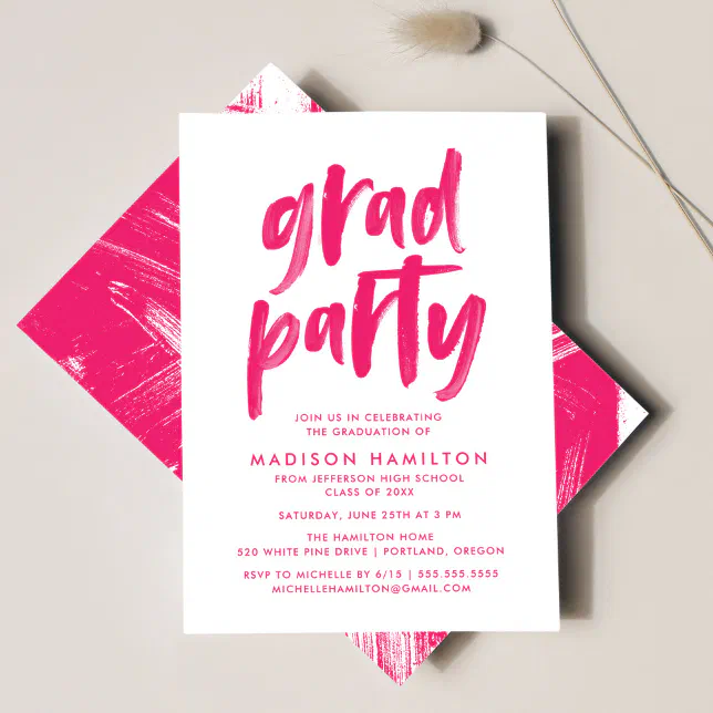 Modern Brush Script Hot Pink Graduation Party Invitation | Zazzle