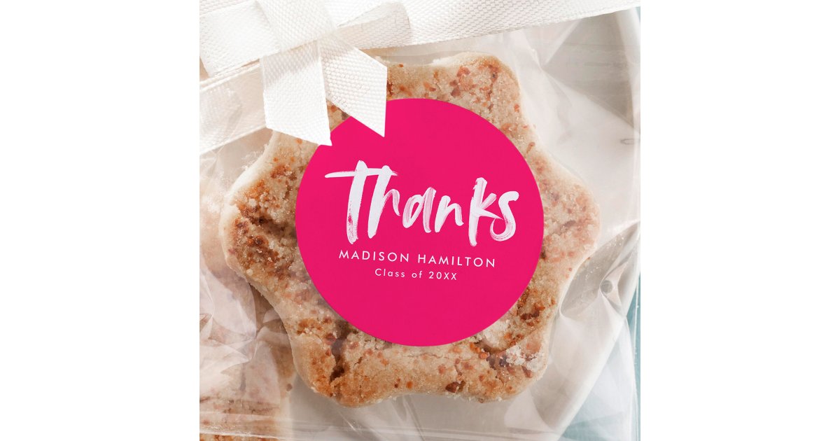 Modern Brush Script Hot Pink Graduation Thank You Classic Round Sticker ...
