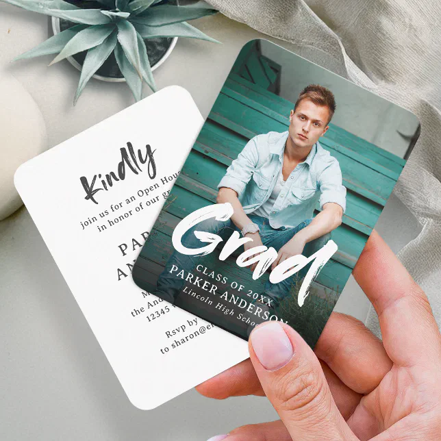 Modern Brush Script Photo Graduation Invitation | Zazzle
