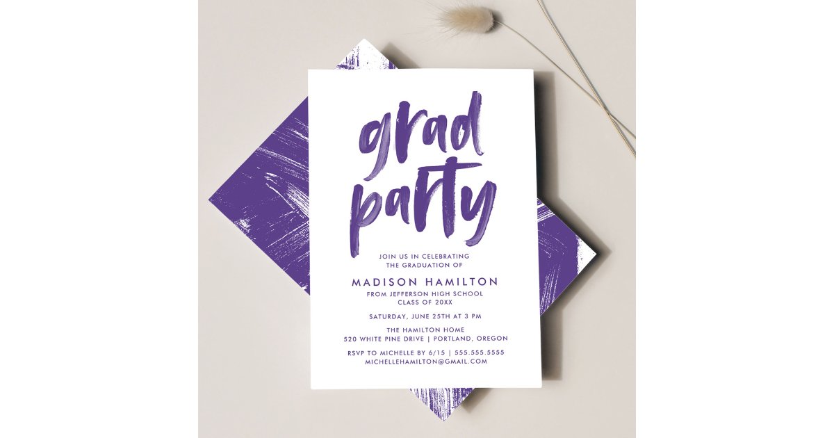 Modern Brush Script Purple Graduation Party Invitation | Zazzle