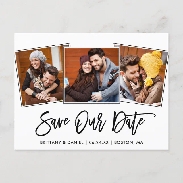 Modern Brush Script Save Our Date 3 Photo Postcard | Zazzle