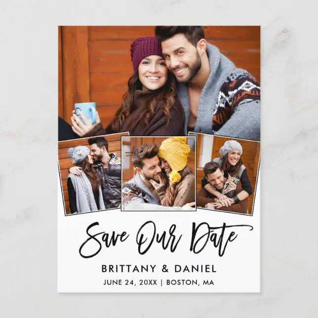 Modern Brush Script Save Our Date 4 Photo Couple Postcard | Zazzle