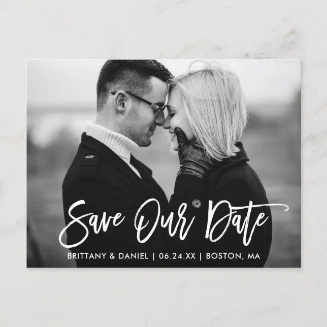 Modern Brush Script Save Our Date Black and White Postcard | Zazzle