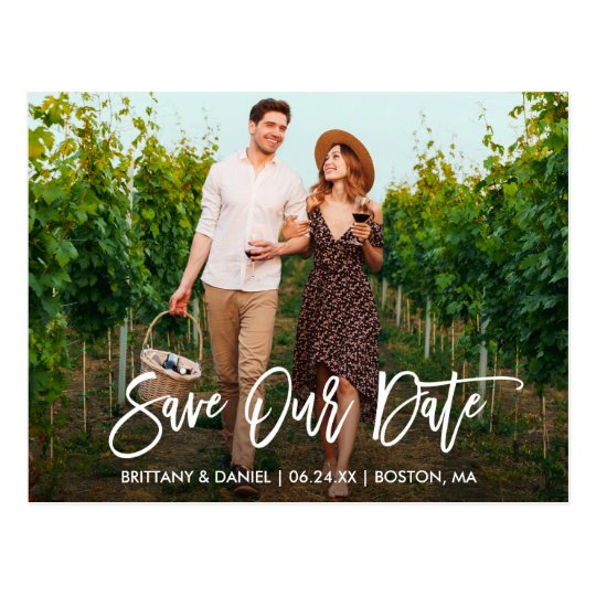 Modern Brush Script Save Our Date Couple Photo Postcard | Zazzle.com