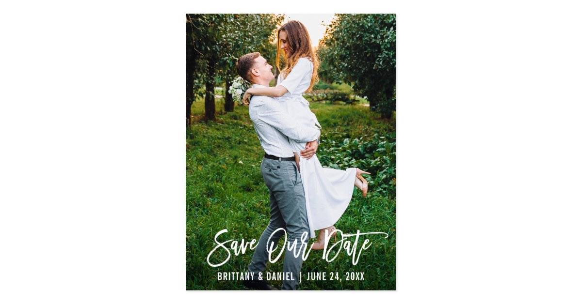 Modern Brush Script Save Our Date Couple Photo Postcard | Zazzle.com