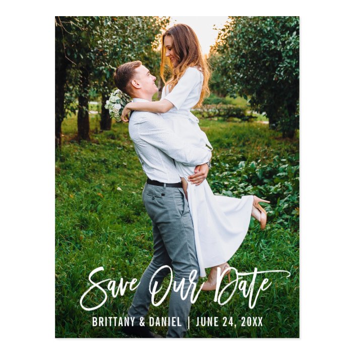 Modern Brush Script Save Our Date Couple Photo Postcard | Zazzle.com