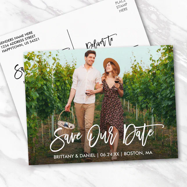 Modern Brush Script Save Our Date Couple Photo Postcard | Zazzle