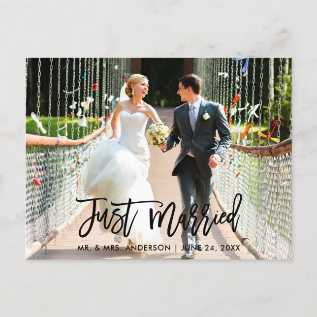 Modern Brush Script Wedding Just Married Photo Postcard | Zazzle