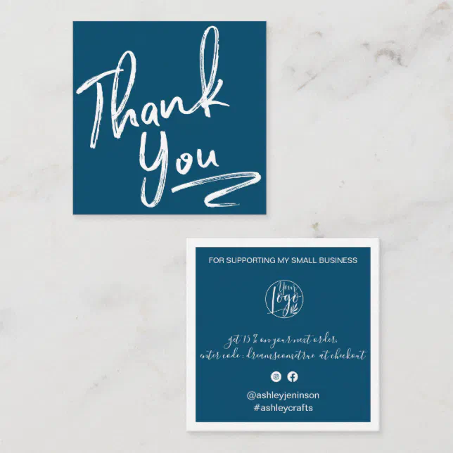 Modern brush thank you script order navy blue square business card | Zazzle