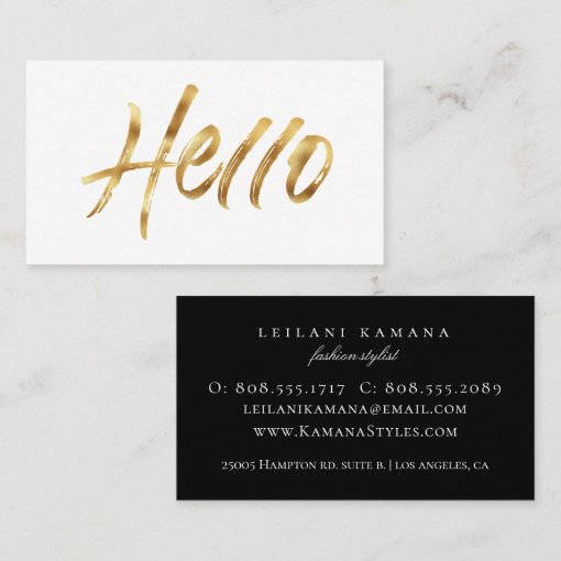 Modern Brushed Gold Script Hello Business Card | Zazzle