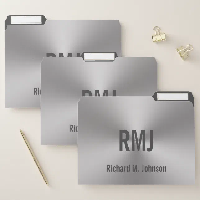 Modern Brushed Metal Look Gray Name Monogram File Folder | Zazzle