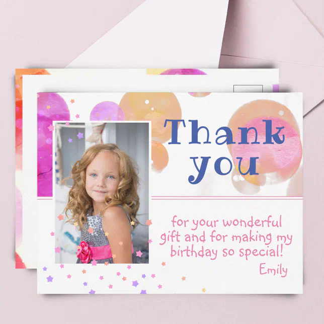 Modern Bubbles Girly Photo Birthday Thank You Postcard | Zazzle