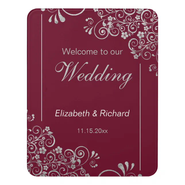 Modern Burgandy Silver Gray Welcome Wedding Door Sign | Zazzle