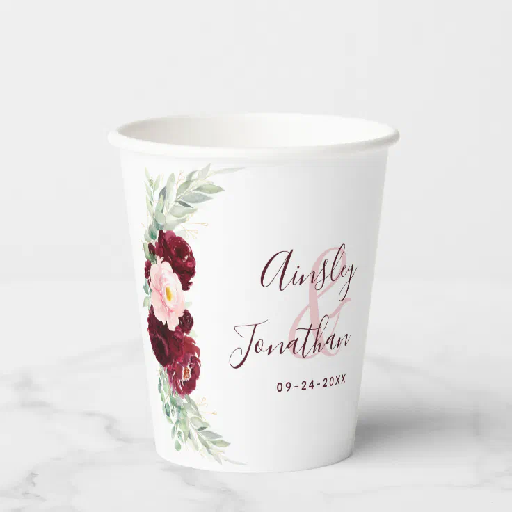 Modern Burgundy Blush Floral Greenery Wedding Paper Cups | Zazzle