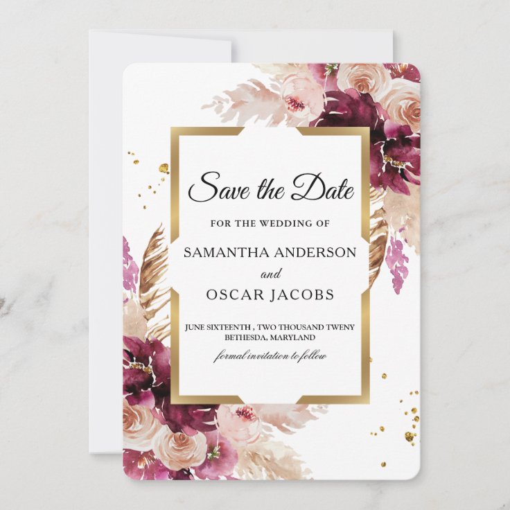 Modern Burgundy Blush Pink Floral And Gold Frame Save The Date Zazzle