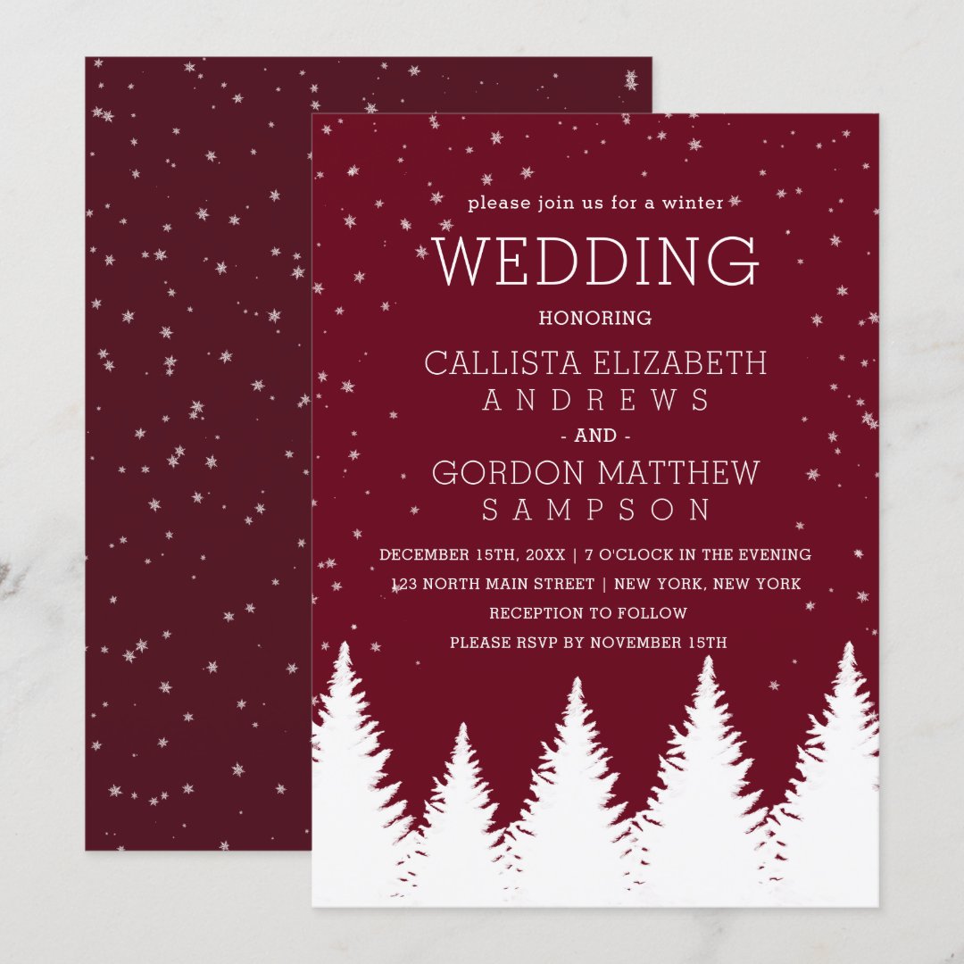 Modern Burgundy Falling Snow Winter Trees Wedding Invitation | Zazzle
