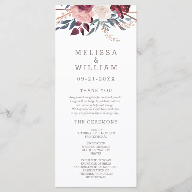 Modern Burgundy Floral Ivory Geometric Wedding Program | Zazzle