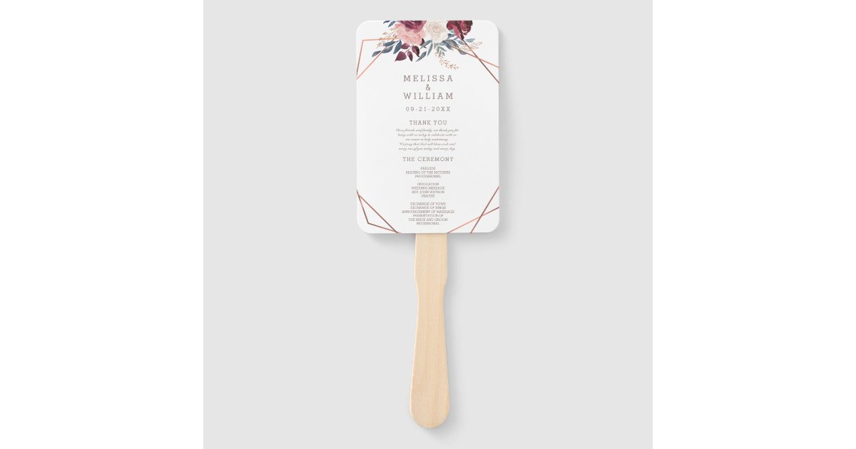 Modern Burgundy Floral Ivory Wedding Program Hand Fan | Zazzle