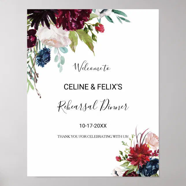 Modern Burgundy Floral Rehearsal dinner Welcome Poster | Zazzle