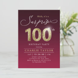Modern burgundy gold adult surprise 100th birthday invitation | Zazzle