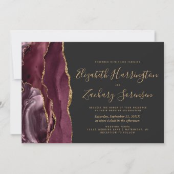 Modern Burgundy Gold Agate Wedding Invitation | Zazzle
