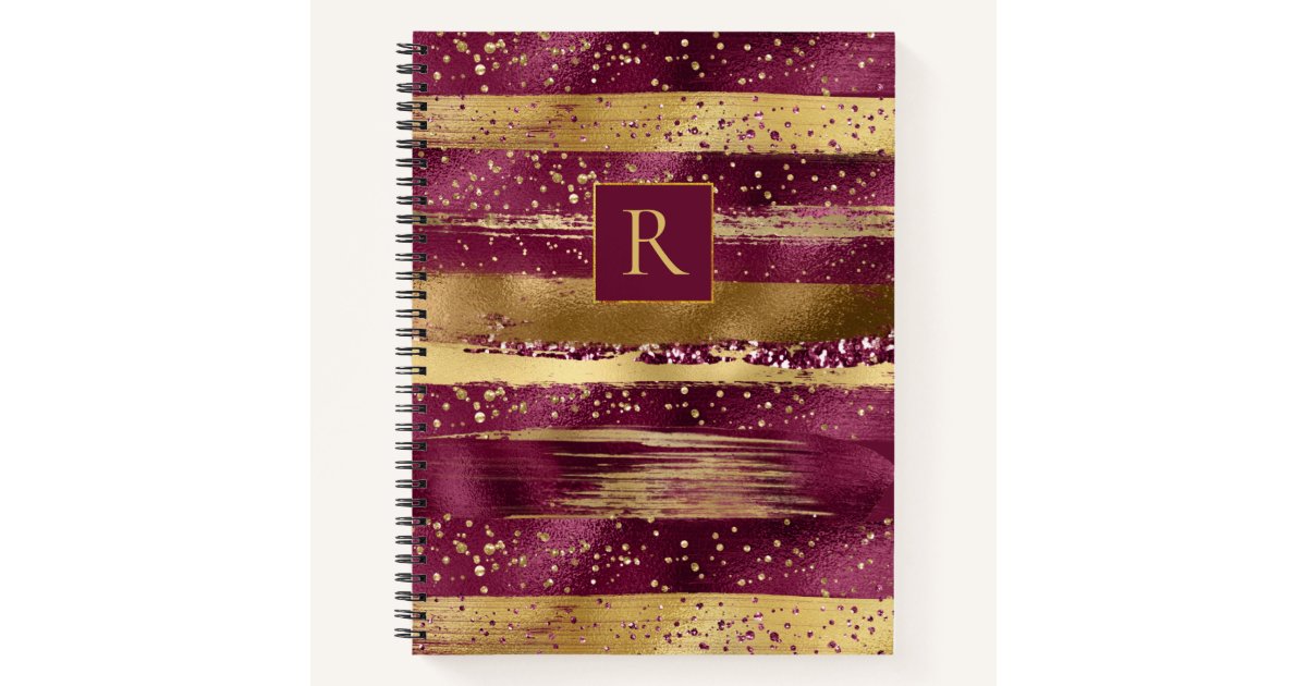 Modern burgundy, gold brush strokes and monogram notebook | Zazzle