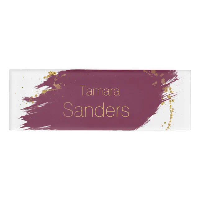 Modern Burgundy Gold Paint Strokes - Name Tag | Zazzle