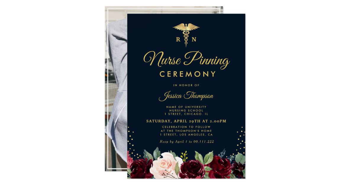 Modern burgundy navy floral Nurse pinning ceremony Invitation | Zazzle.com