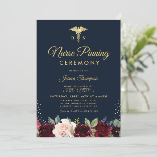 Modern burgundy navy floral Nurse pinning ceremony Invitation | Zazzle